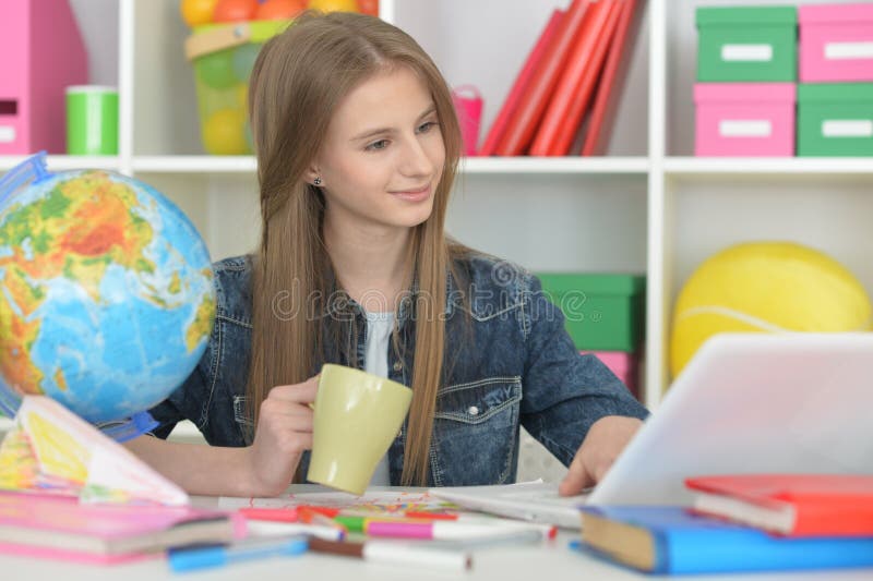 Cute Girl with Laptop at Home at Desk Stock Photo - Image of emotional ...