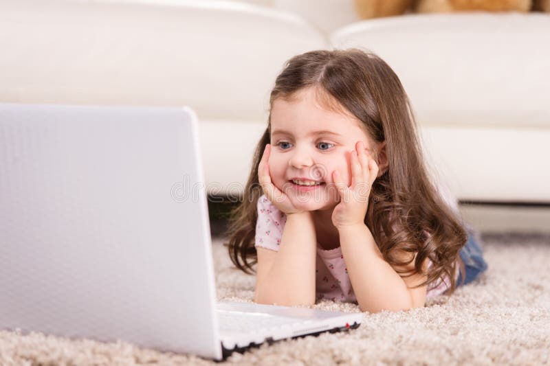 Cute Girl Looking at Screen of Computer. Stock Image - Image of little ...