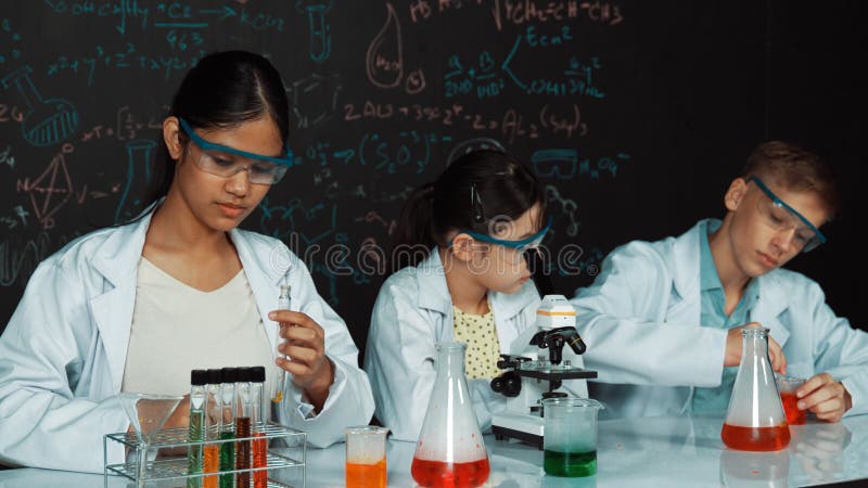 Cute Girl Looking Under Microscope while Student Doing Experiment ...