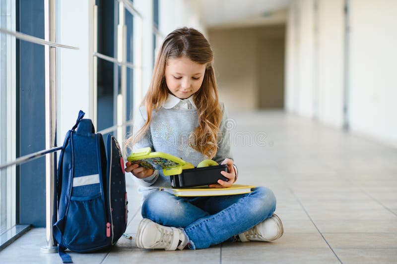 Cute Girl at Lunch Time in School Stock Photo - Image of cheerful, food ...