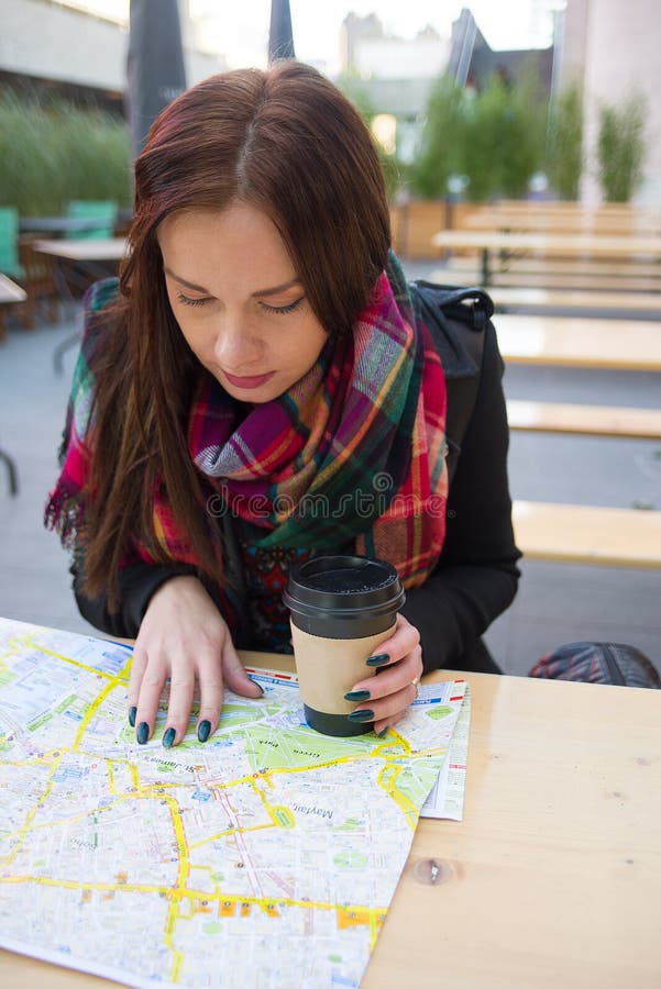 Cute Girl with Map at Open Cafe Stock Image - Image of reading ...