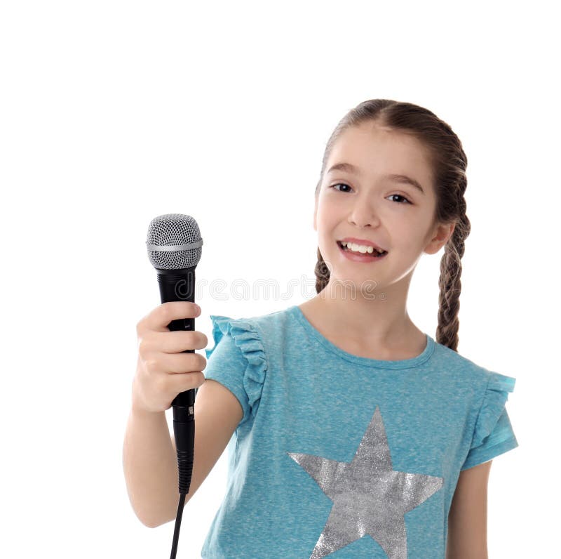 Cute Girl with Microphone on White Stock Image - Image of leisure ...