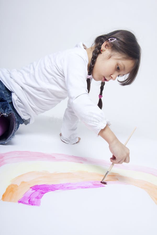 Curly Cute Little Toddler Girl Painting with Paints Color and Brush ...