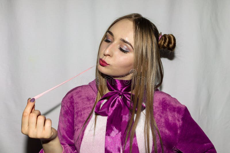 124 Beautiful Blonde Woman Blowing Bubble Gum Fashion Portrait Stock