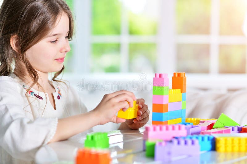 Cute Girl Playing with Blocks Stock Image - Image of childhood, female ...