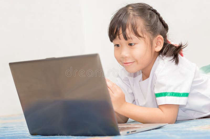 Cute Girl Playing Computer. Stock Photo - Image of networking, homework ...