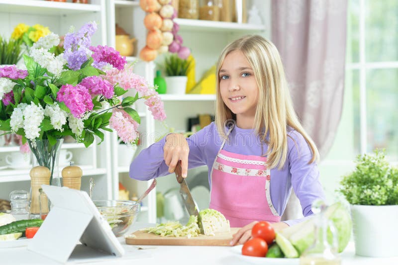 Portrait Of Cute Girl Preparing Fresh Salad Stock Image Image Of