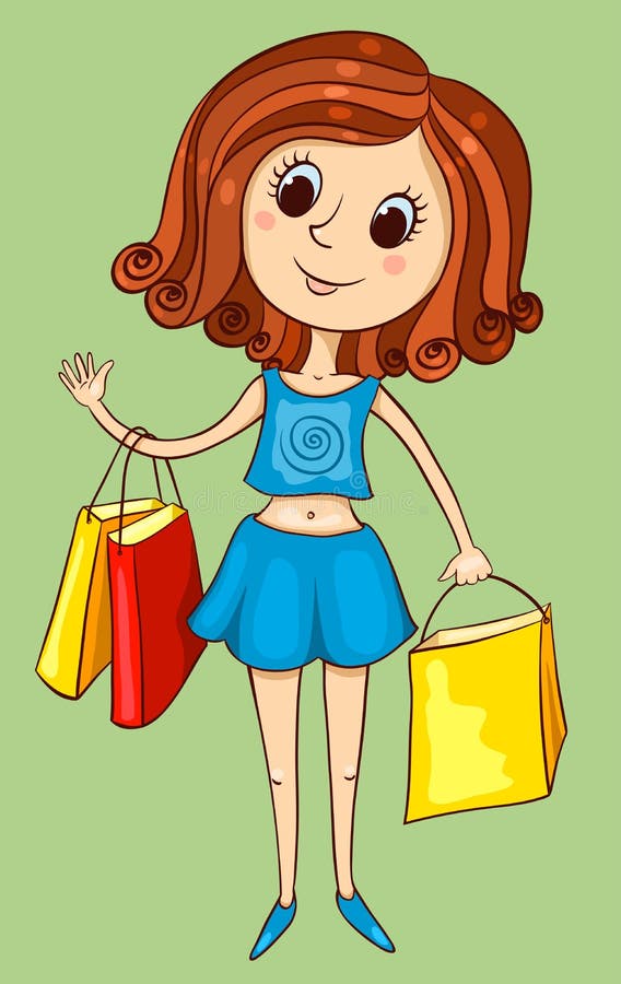 Cute girl with purchases stock vector. Illustration of hand - 50530918
