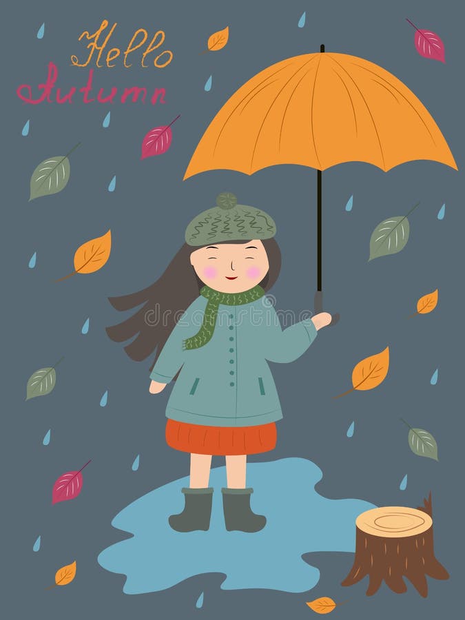 Cute girl and rain stock vector. Illustration of characters - 266797995