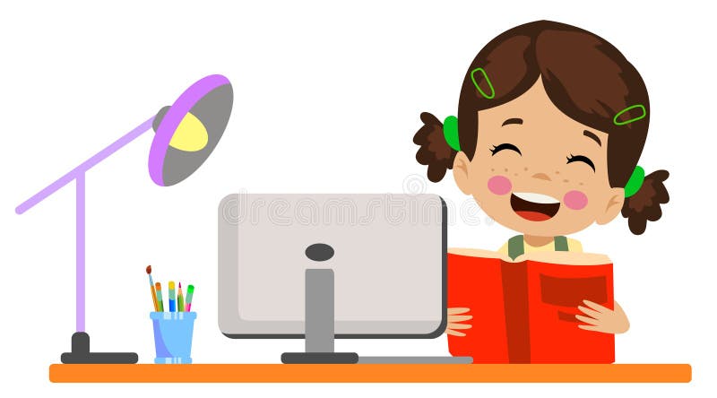 Cute Girl Reading a Book at the Computer Stock Illustration ...
