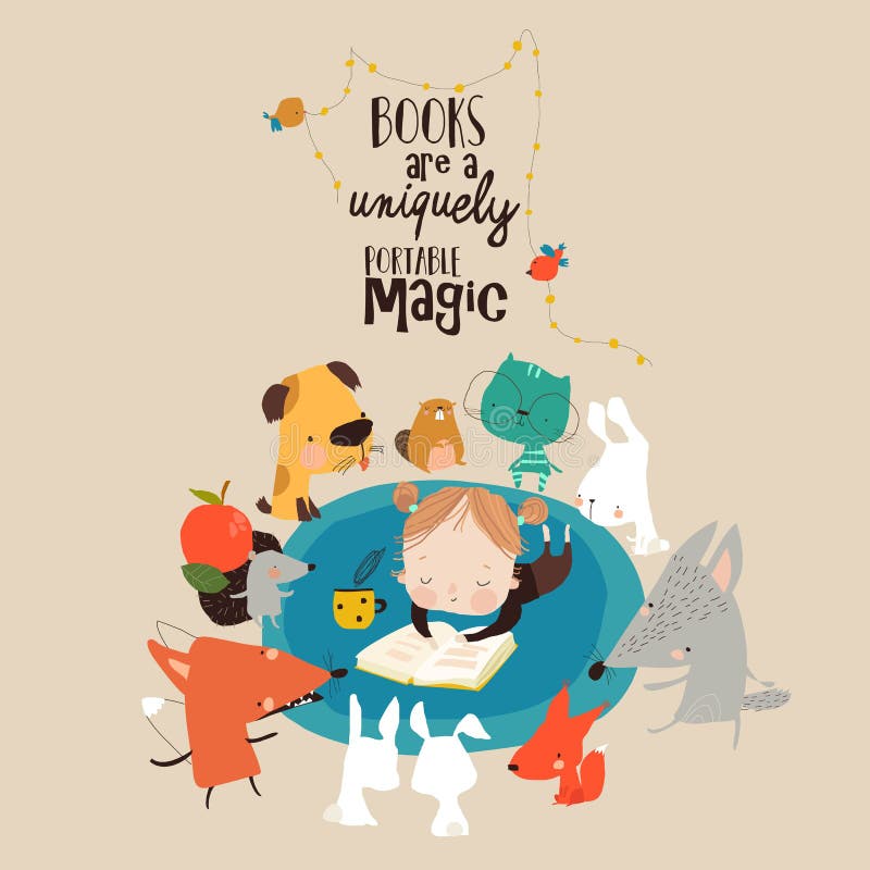 Cute Girl Reading Book among Funny Animals Stock Vector - Illustration ...