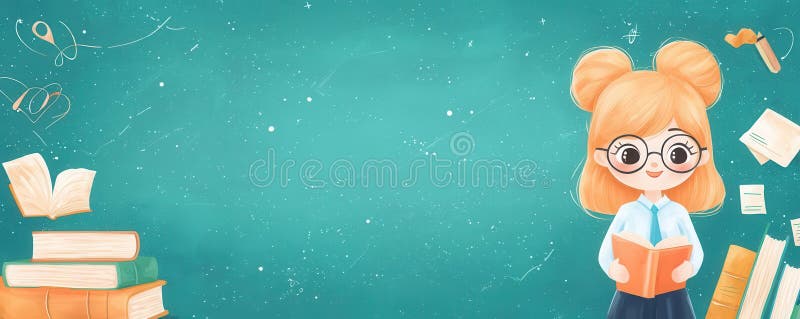 Cute Girl Reading Book with Green Chalkboard Background Stock ...