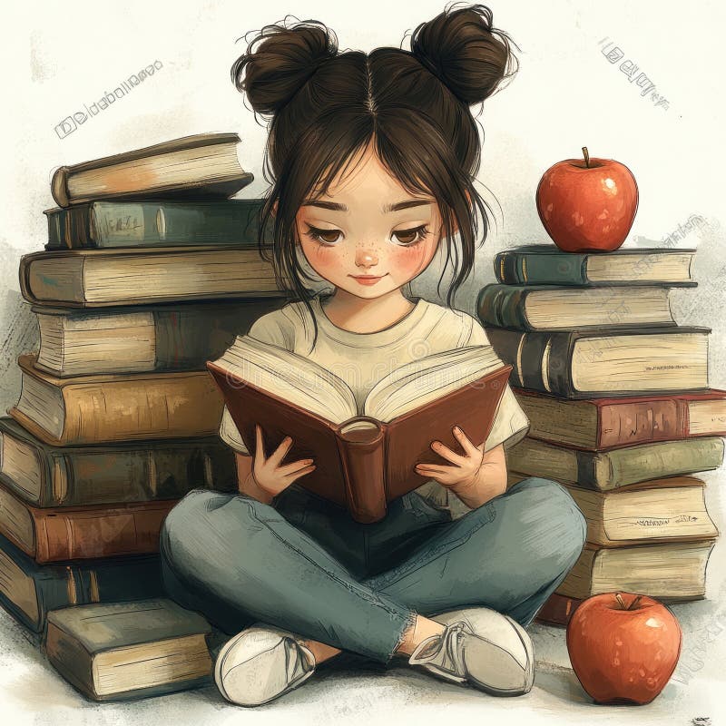 Cute Girl Reading a Book with World Map Illustration Stock Illustration ...