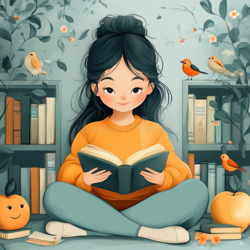 Cute Girl Reading a Book in a Library Illustration Stock Illustration ...