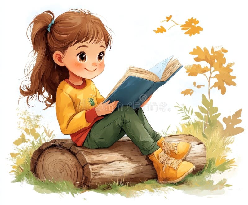 Cute Girl Reading a Book on a Log Illustration Stock Illustration ...
