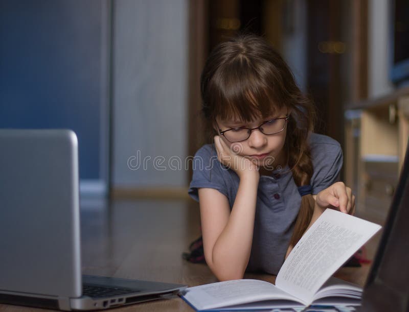 Cute Girl Reading and Study at Home by Internet Stock Image - Image of ...