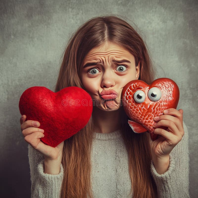 Cute Girl with Red Heart on Grey Background. Valentines Day Concept ... Cute Girl with Red Heart on Grey Background. Valentines Day Concept ...