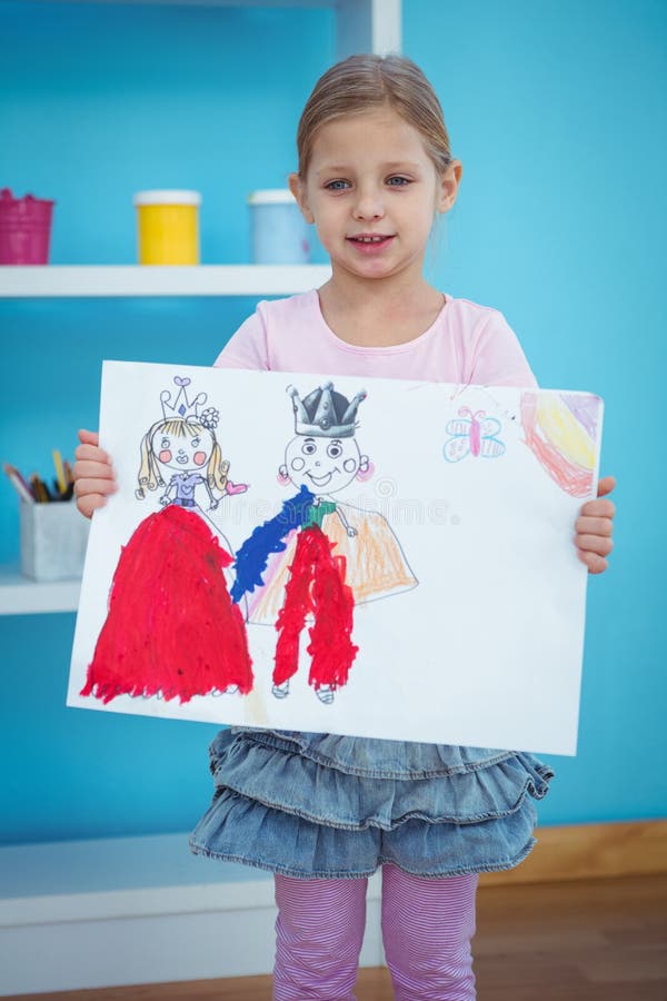 Cute Girl Showing Her Drawing Stock Image - Image of cheerful ...