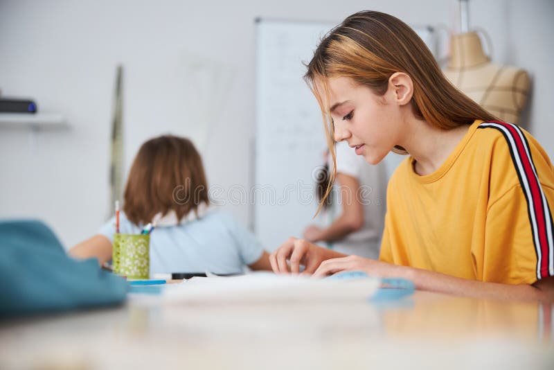 Adorable Female Child Working in Sewing Workshop Stock Image - Image of ...