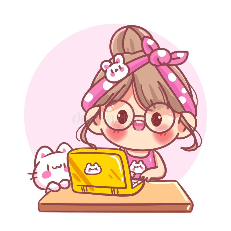 Cute Girl Sitting and Working Cartoon Character Stock Vector ...