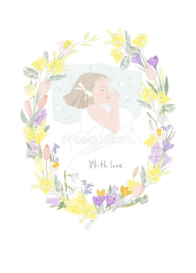 Cute Girl Sleeping in Spring Floral Wreath Stock Vector - Illustration ...