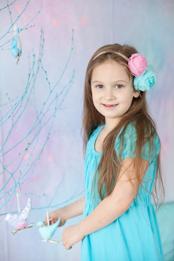 Cute Girl in a Spring Studio Stock Photo - Image of green, textile ...