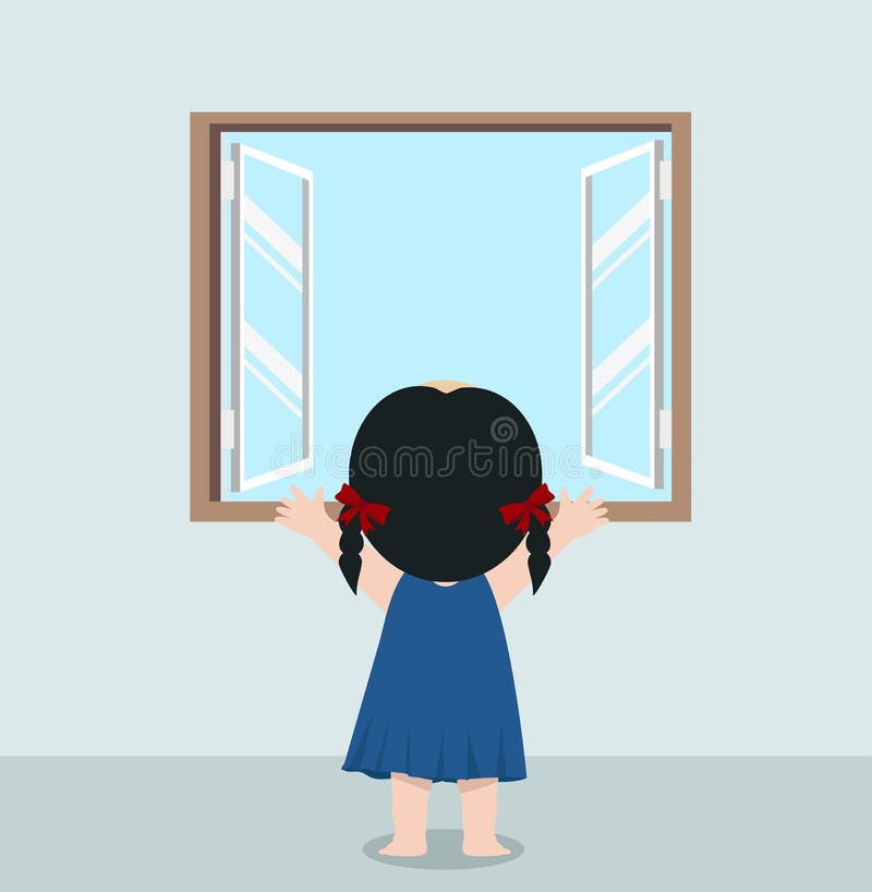 Cute Girl Standing Back Open View from Window Stock Vector ...