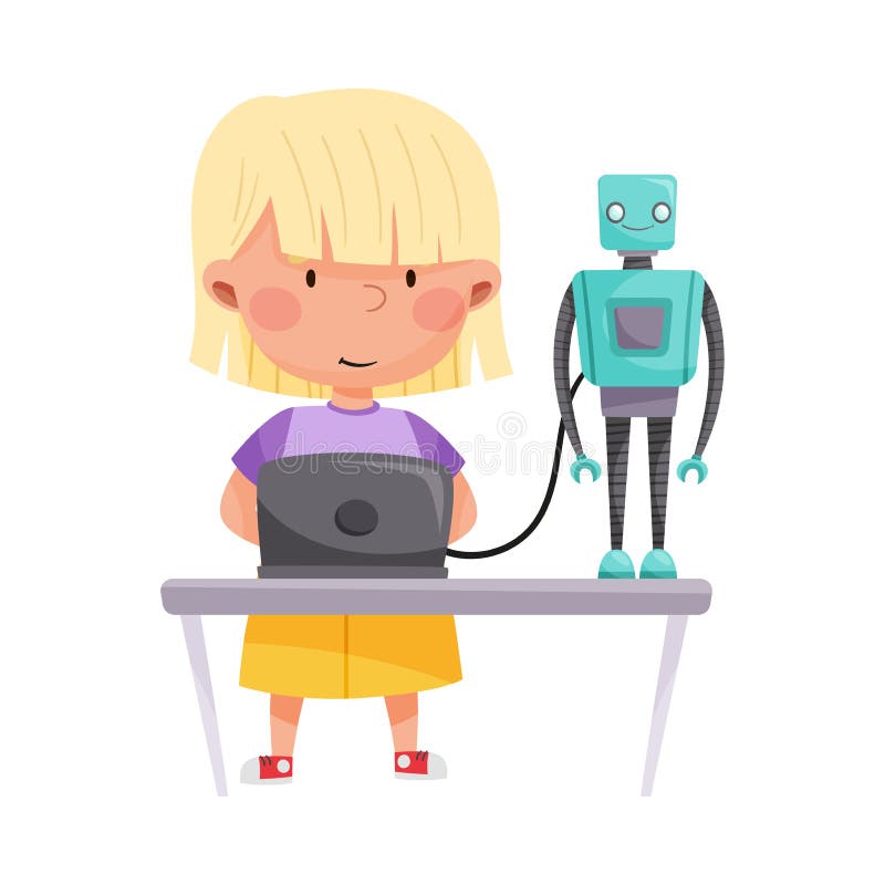 Cute Girl Standing with Tablet PC and Configurating Robot Vector ...