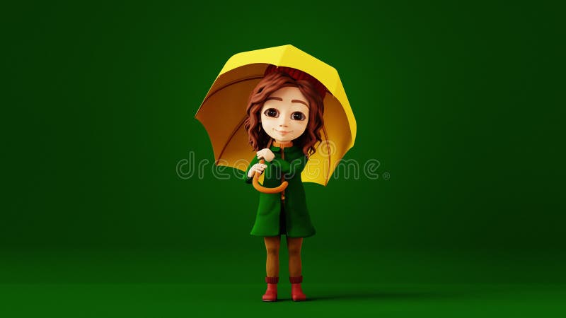 Cute Girl Staying Under Umbrella. 3d Render Stock Illustration ...