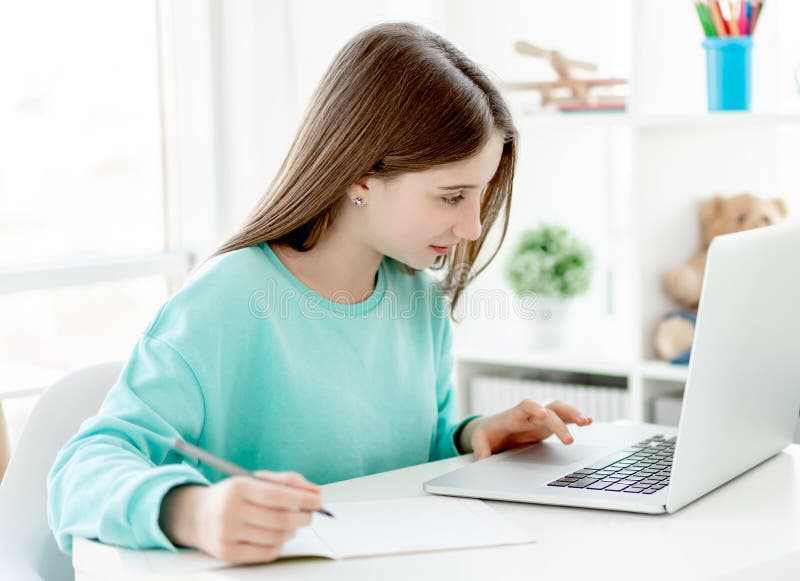 Cute Girl Studying at Laptop Stock Image - Image of cute, learn: 176988603