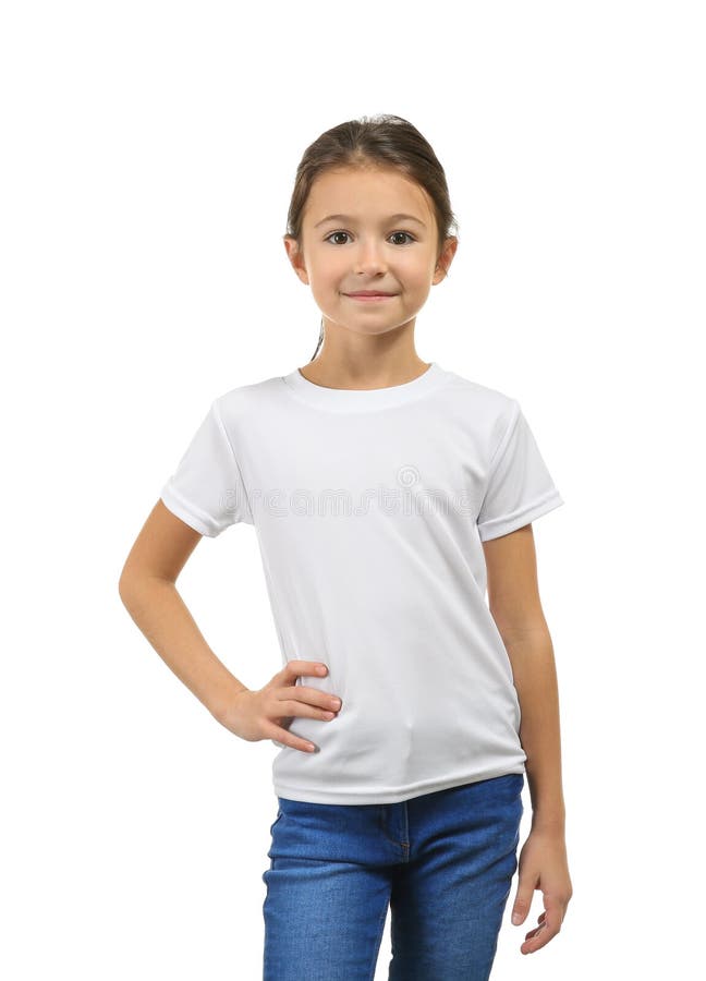 Cute Girl in T-shirt on White Background Stock Photo - Image of girl ...