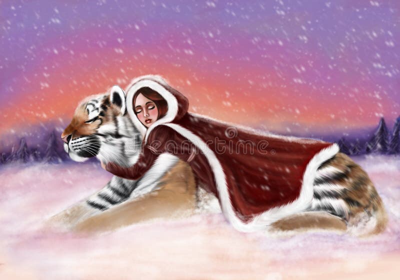 Cute girl with tiger stock illustration. Illustration of fantasy - 81263787