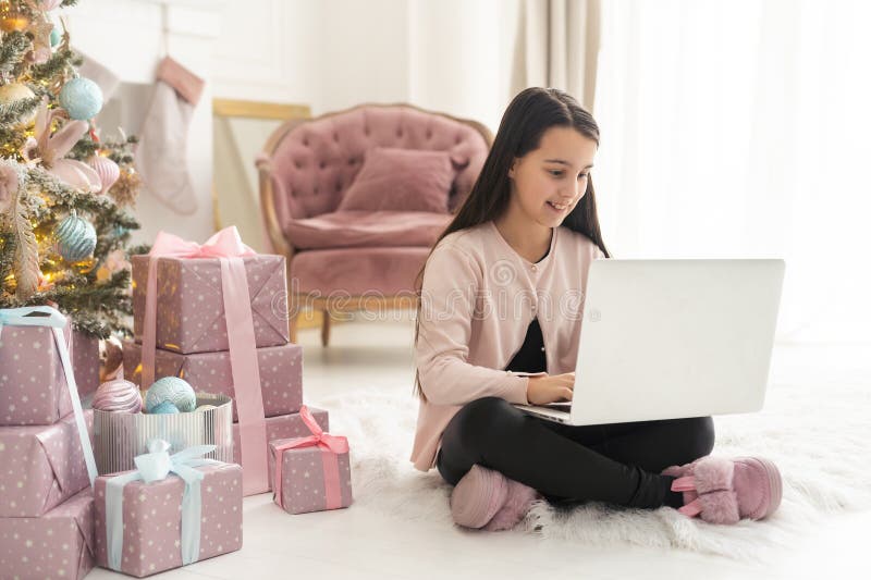 Cute Girl Friends Laughing at Laptop Computer Screen, Hugging. Stock ...