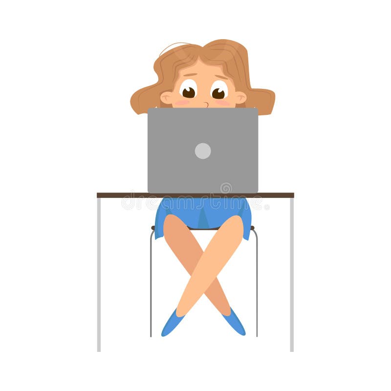 Cute Girl Using Laptop Computer At Desk Front View Online Education