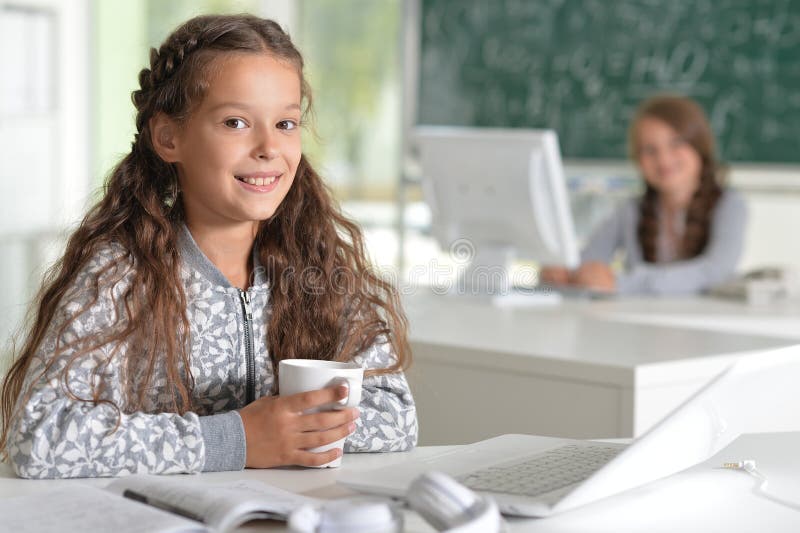 Cute Girl Using Laptop Computer Stock Photo - Image of girlhood, person ...