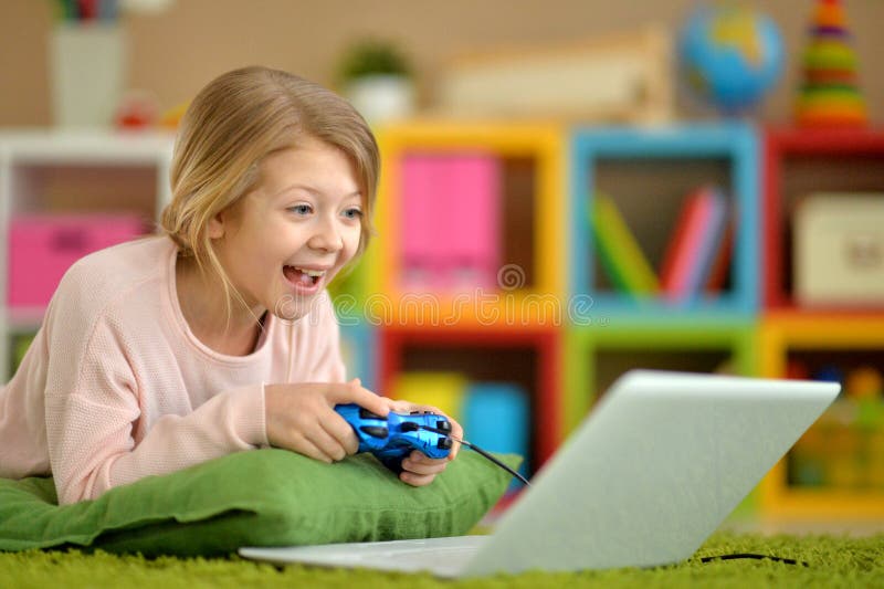 Cute Girl Using Laptop Playing Game Stock Image - Image of leisure ...
