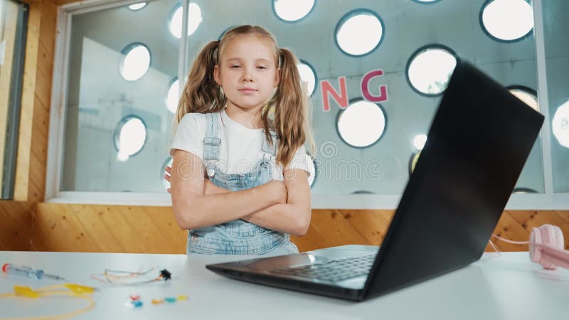 Smart Cute Girl Using Laptop while Looking and Laughing at Camera ...