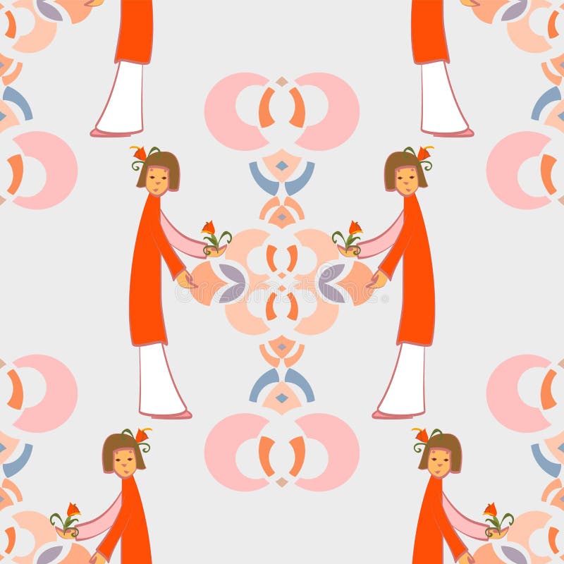 Cute Girl Vector Seamless Repeat Pattern with Geometric Shapes Backdrop ...