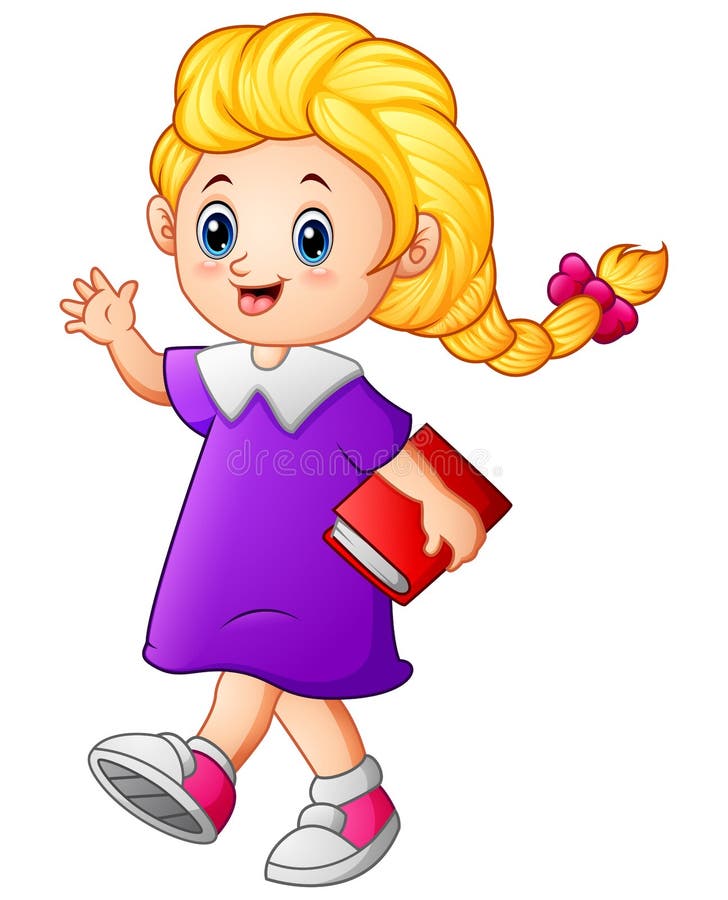 Cute Girl Walk Holding Book Stock Vector - Illustration of book, books ...