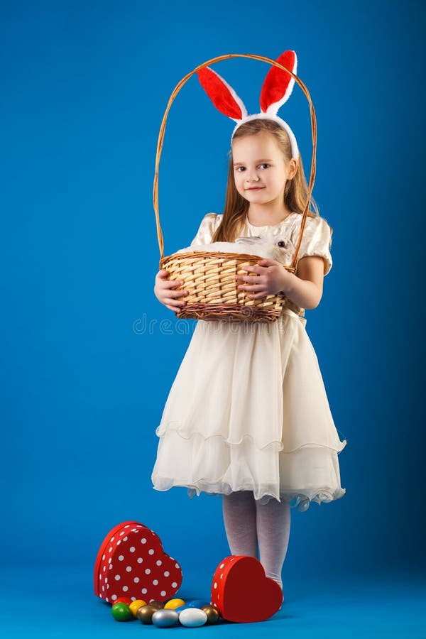 Cute Girl with White Rabbit in Basket with Easter Eggs Stock Image ...