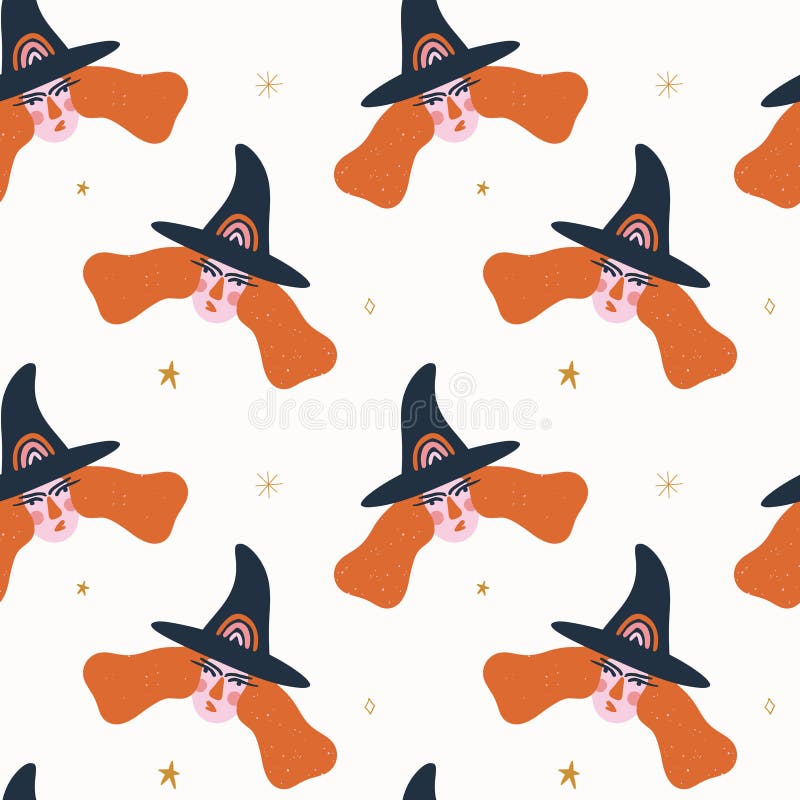 Cute Girl Witch Face. Magic Concept. Witchcraft Seamless Pattern in ...