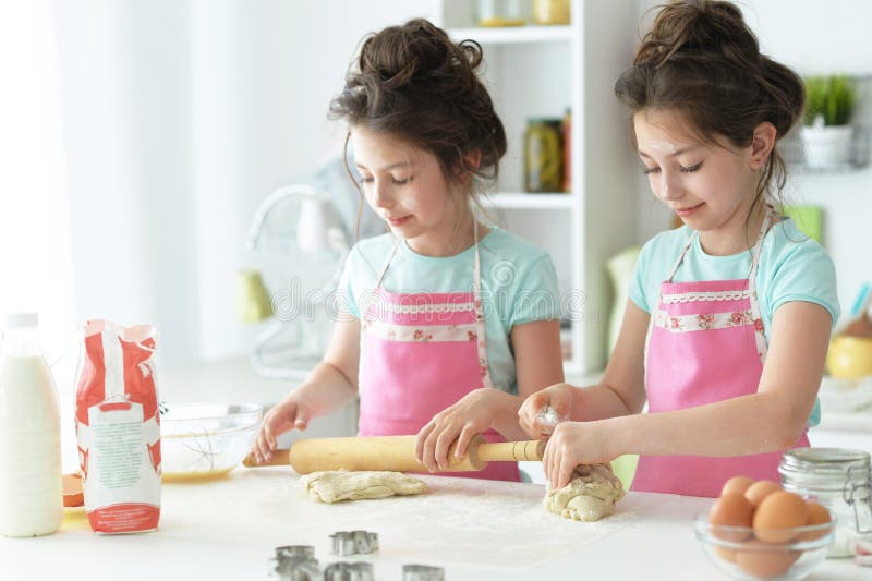 Cute Girls Baking in the Kitchen at Home Stock Image - Image of ...