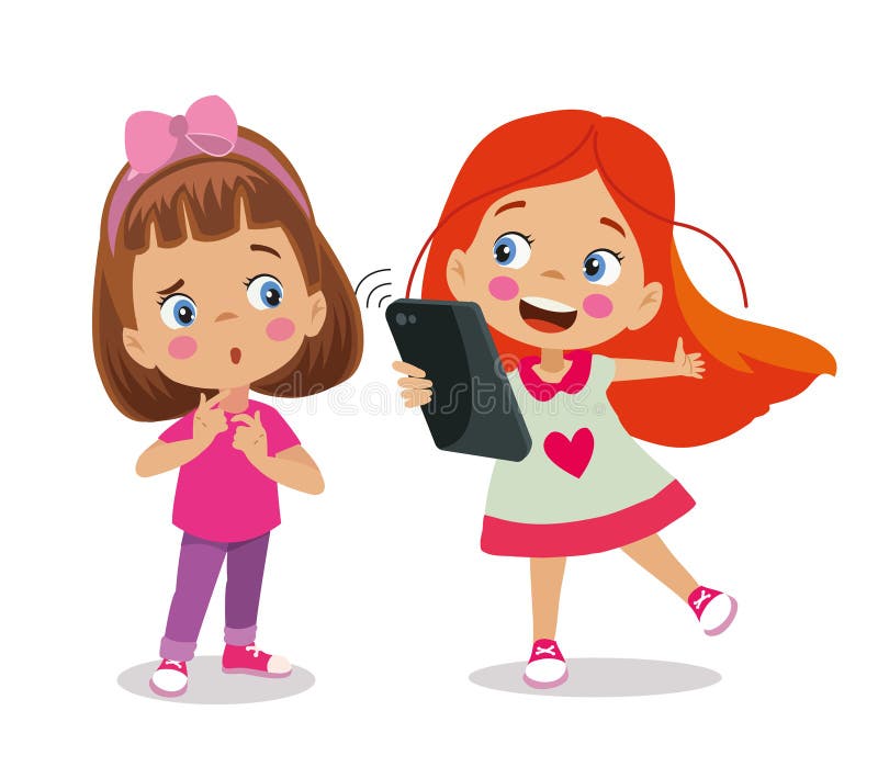 Cute Girls are Playing with the Phone Stock Vector - Illustration of ...
