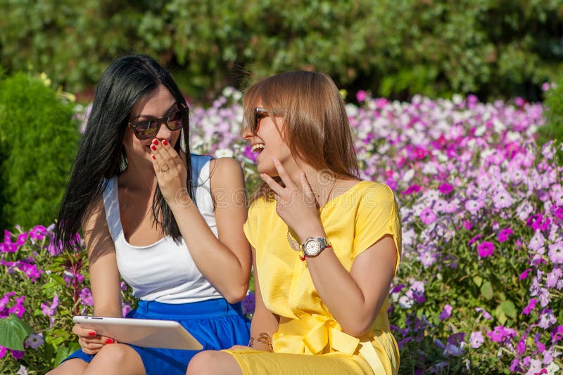 Cute Girls with Tablet Computer Stock Image - Image of female, girl ...