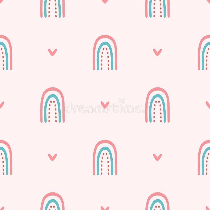 Cute Girly Seamless Pattern with Repeating Heart and Rainbow Drawn by ...