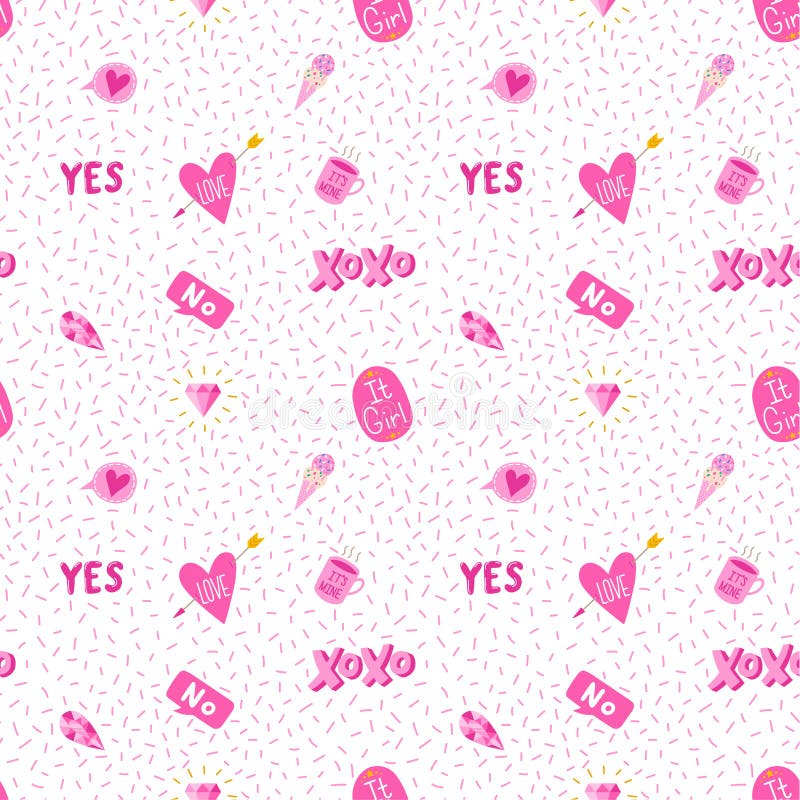 Cute Girly Seamless Pattern with Yes and Xoxo Text. Vector Eps10. Stock ...
