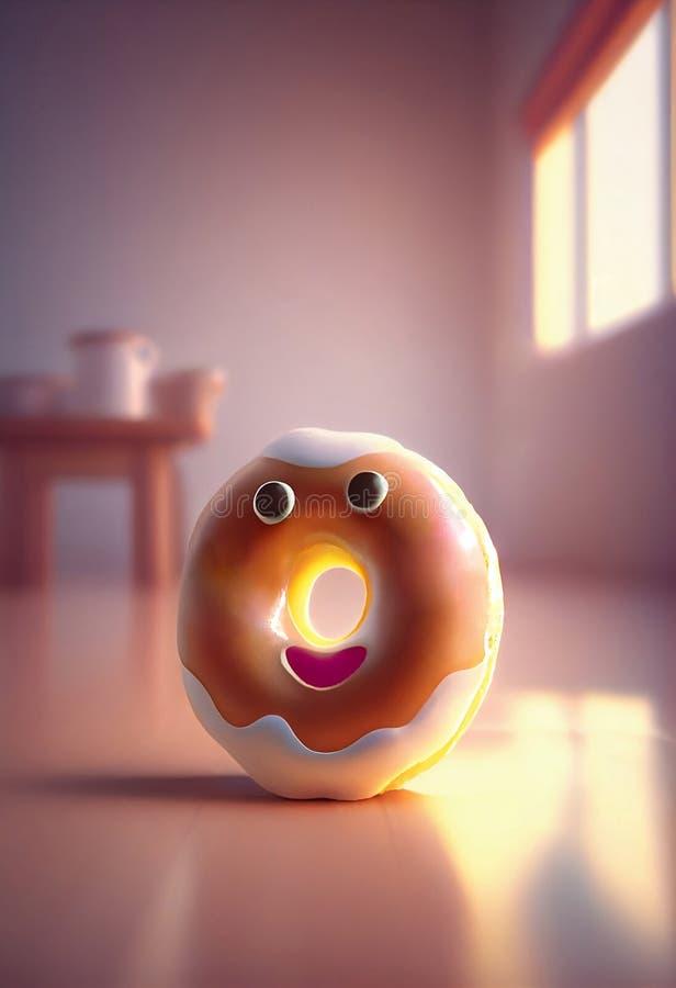 Cute Glazed Donut with Smiling Face on Table Surface Stock Illustration ...