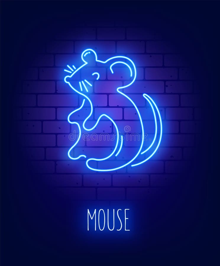 Cute Glowing Contour Mouse on a Brick Wall. Vector Card in Neon Style ...