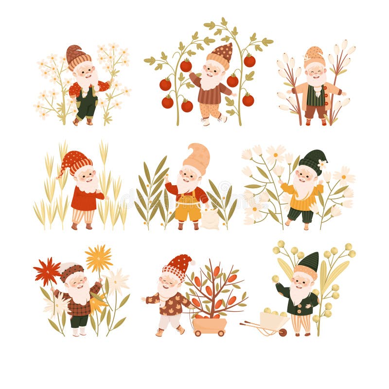 Cute Gnomes Picking Berries In Garden Set Happy Smiling Fairy Tale