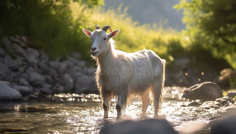 Cute Goat Grazing in Green Meadow, Standing Near Water Generated by AI ...
